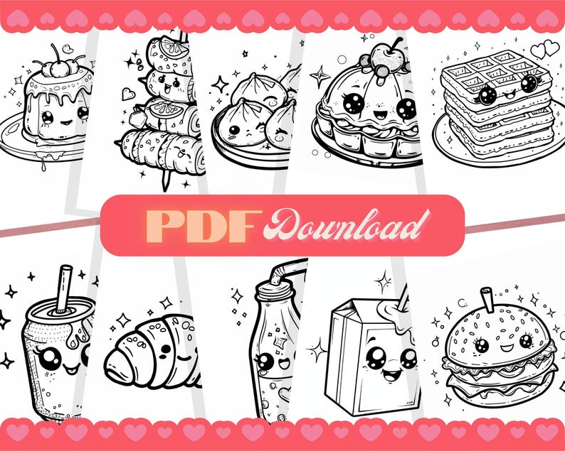 30 Food and Drinks Coloring Pages Volume 3, Kawaii Food, Printable ...