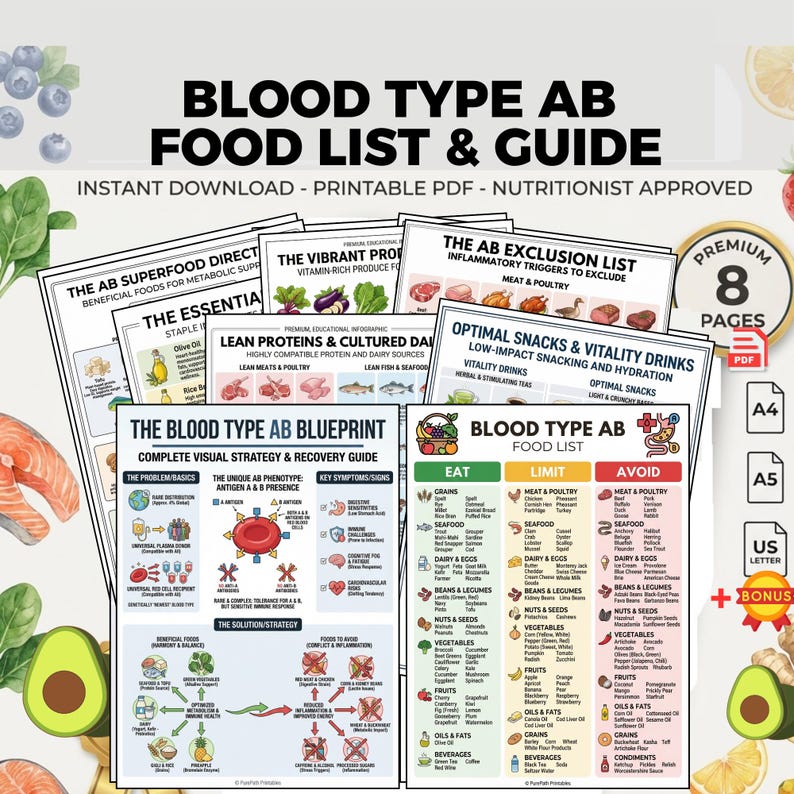 Blood Type AB Food List: Printable Grocery Chart | Eat Limit Avoid Diet ...