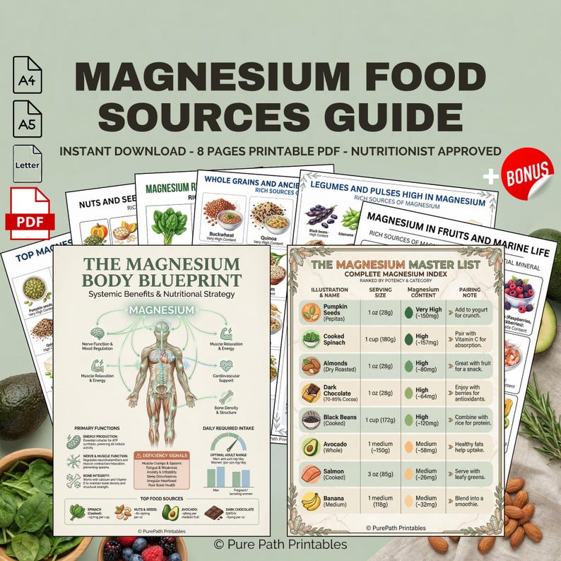 Magnesium Food Sources Guide - Printable Nutrition Food Chart for Diet ...