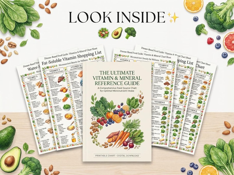 Vitamins and Minerals Food Chart, Nutrition Reference Guide (printable ...