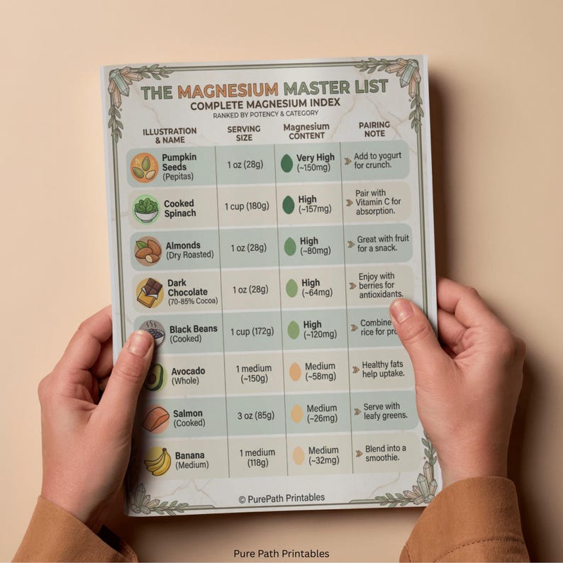 Magnesium Food Sources Guide - Printable Nutrition Food Chart for Diet ...