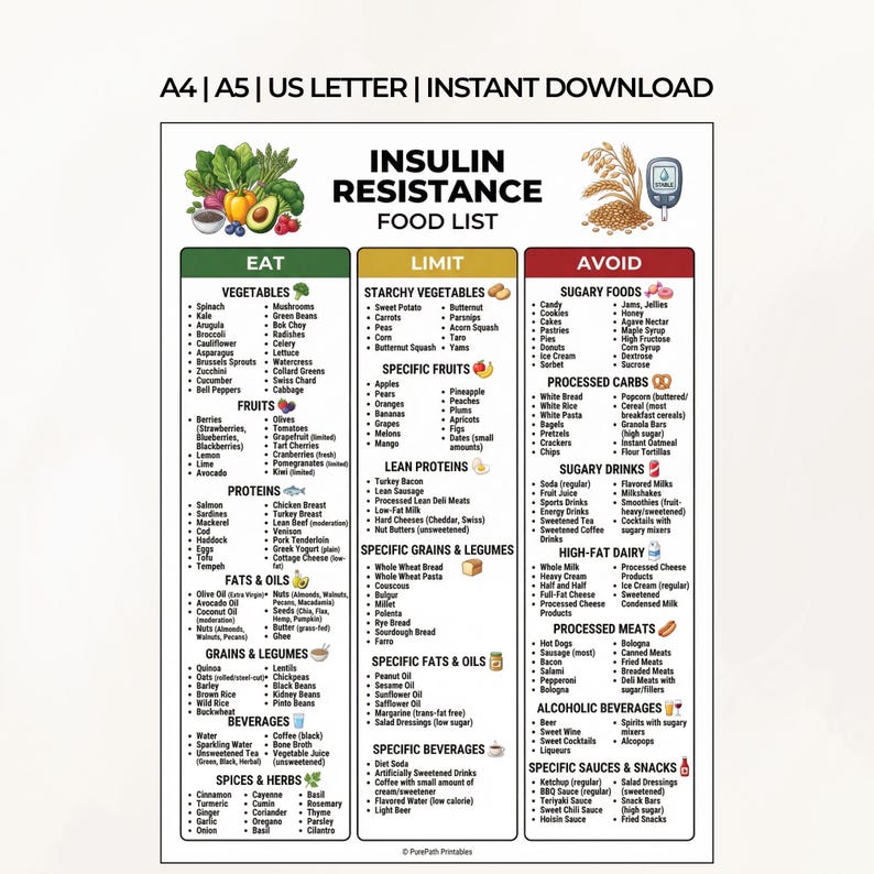 Insulin Resistance Food List: Printable PDF | Blood Sugar Diet Grocery ...