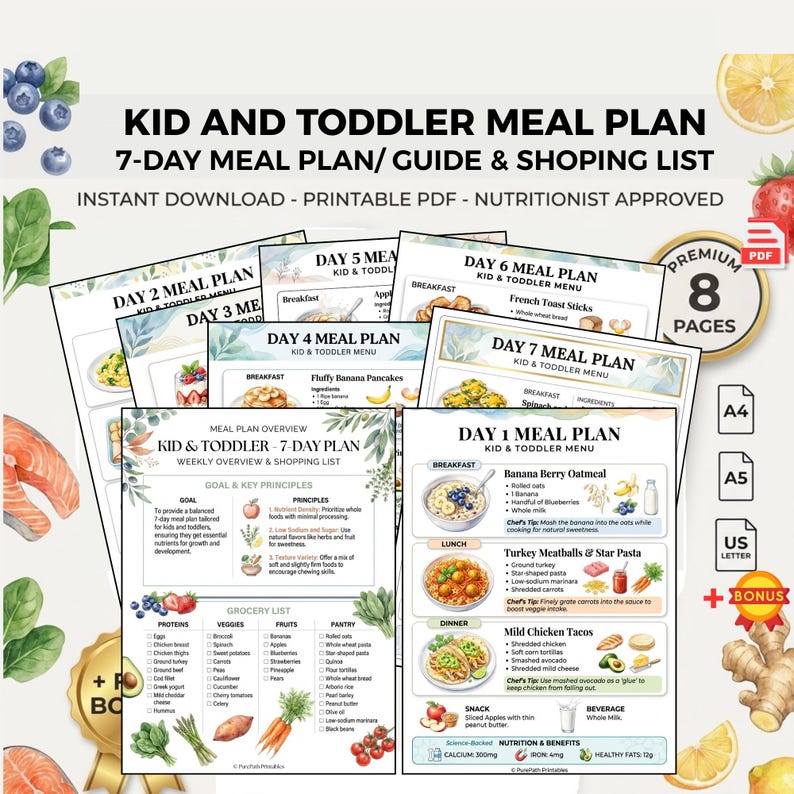 Kid & Toddler 7-day Meal Plan, Weekly Menu | Grocery List | Printable ...