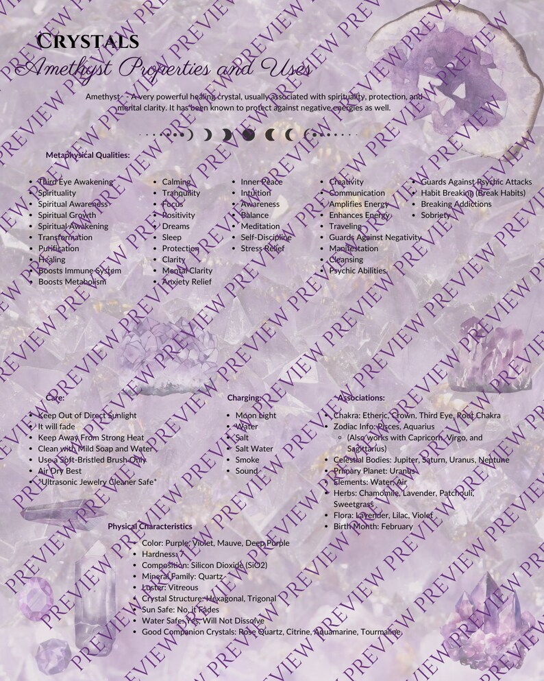 Amethyst Properties Printable: Witch Grimoire Crystal Guide (JPEG, PNG ...