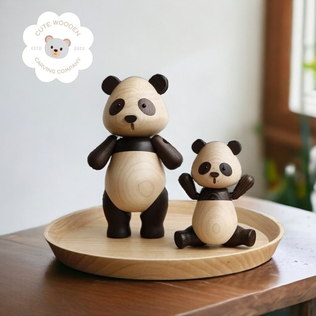 Cute Panda Bear Wood Carving Wooden Toy Figurine Cute Animal Characters ...