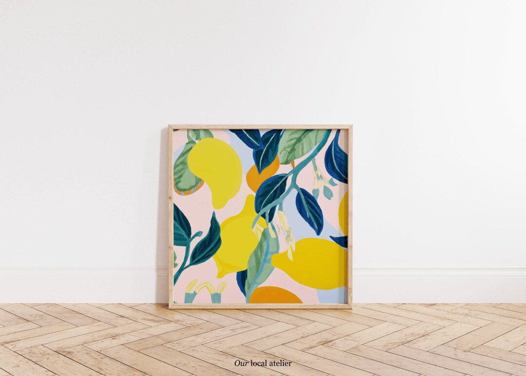 BLUE LEMON PRINT Citrus Botanical Poster Home Decor Gift Square Art ...