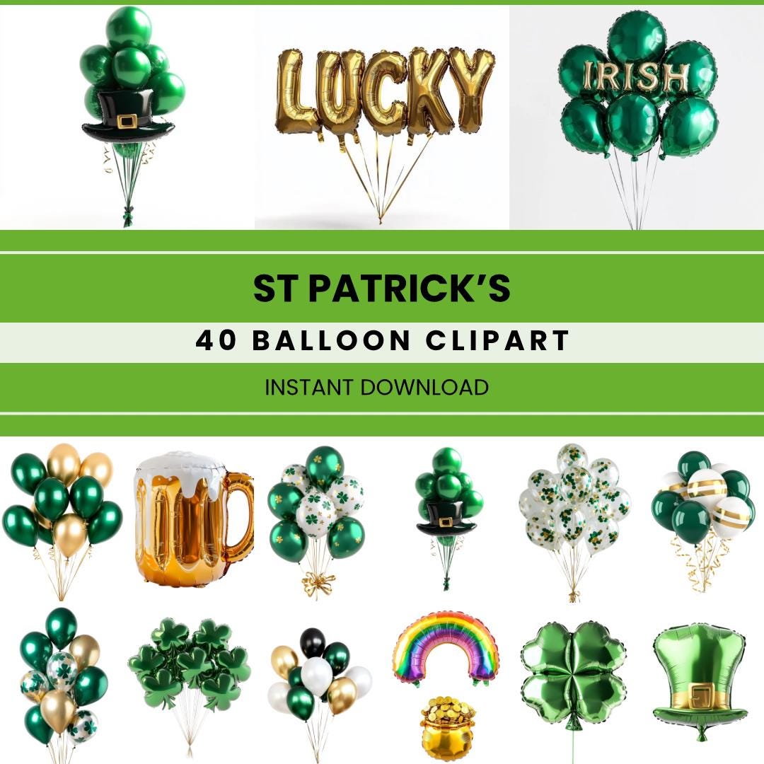 St. Patrick’s Balloon Clipart | 40 Green & Gold Festive Pngs | Shamrock ...