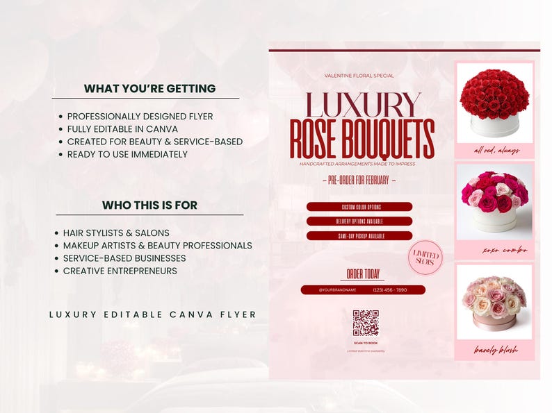 Luxury Rose Bouquet Flyer Canva Template, Florist Valentine Flyer, Rose ...
