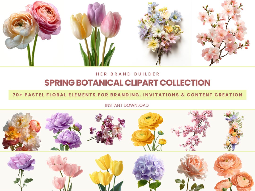 Spring Floral Clipart Bundle | 70+ Botanical PNG Elements | Pastel ...