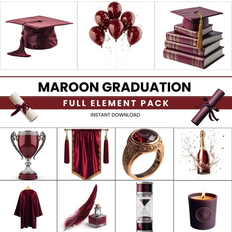 Maroon Graduation Digital Clipart Cap, Gown, Diploma, Balloons and ...