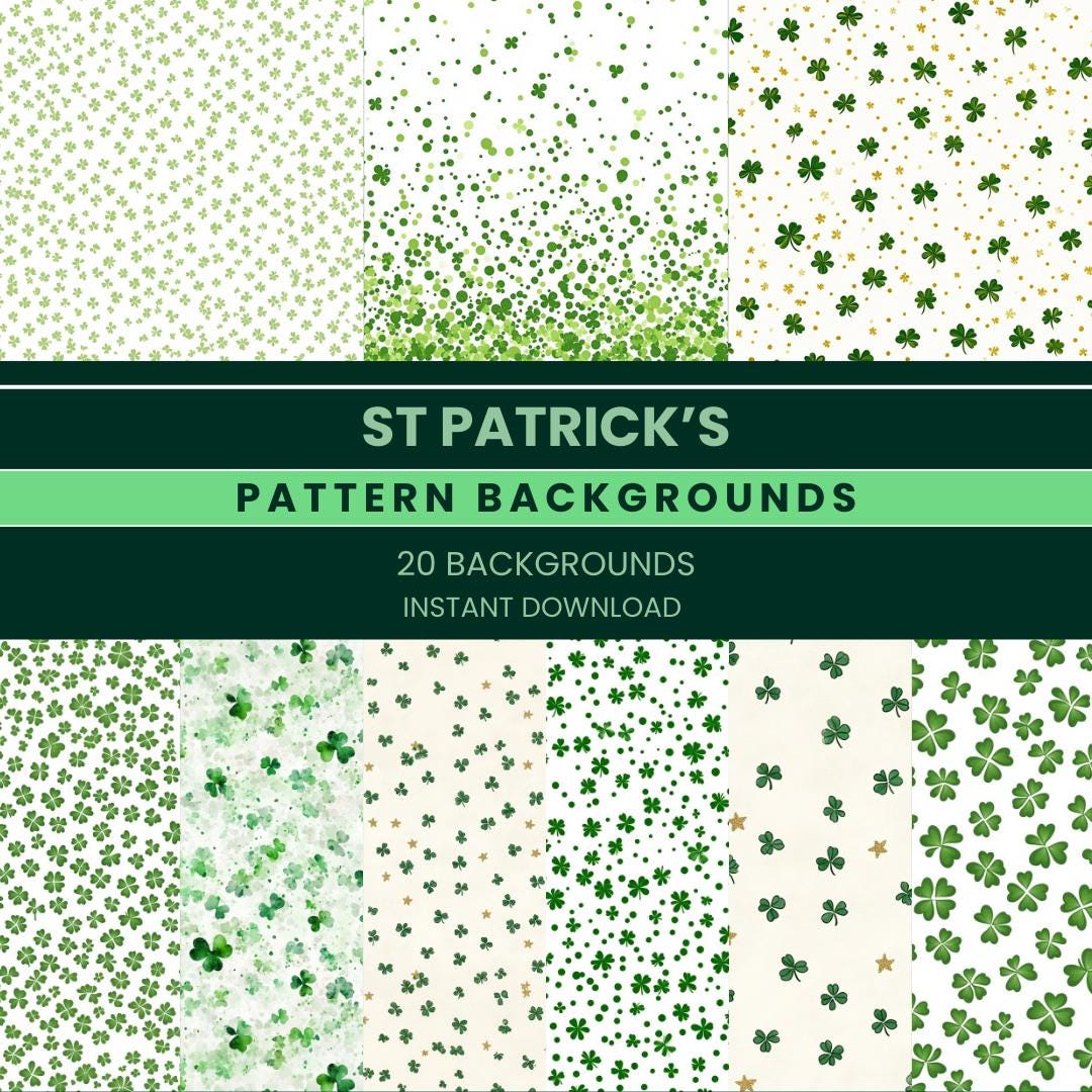 St. Patrick’s Pattern Backgrounds | 20 Shamrock Seamless Designs | Green & Gold Digital Papers ...