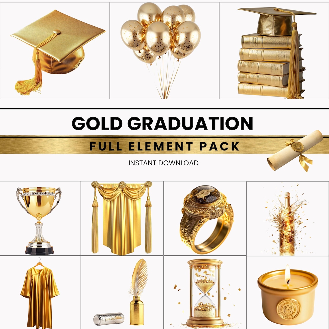 40+ Gold Graduation Clipart Bundle | Digital Grad Cap, Diploma ...