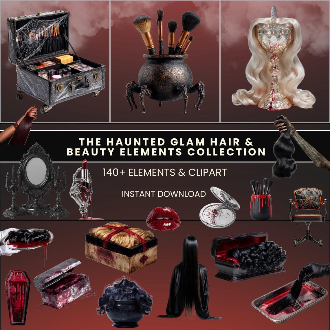 140+ Haunted Glam Beauty Clipart | Spooky Halloween Hair Elements ...