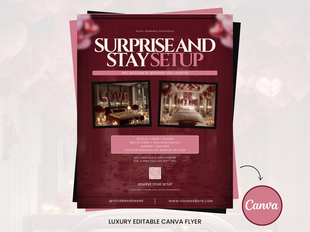 Surprise Stay Setup Flyer Canva Template, Hotel Room Decor Flyer ...