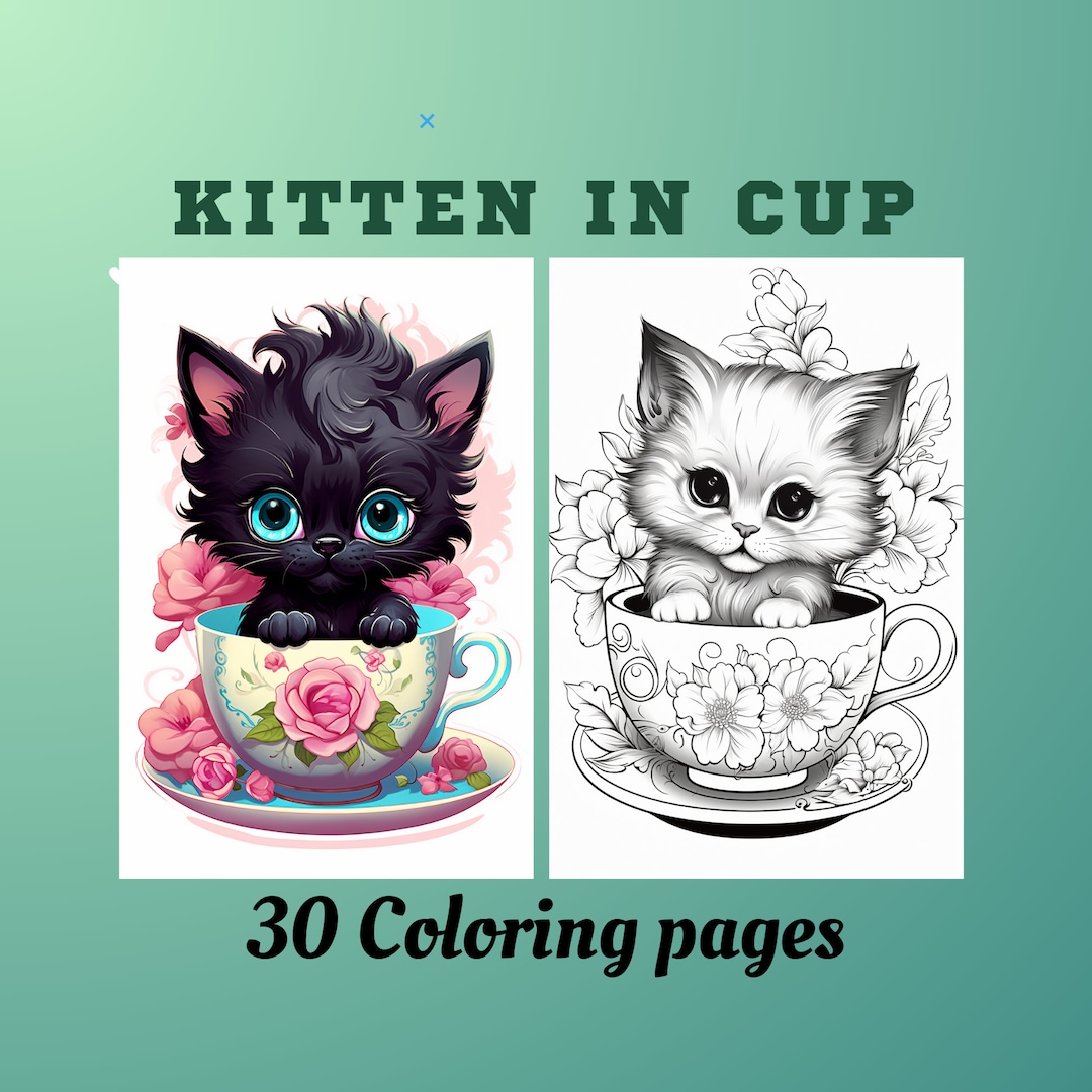 30 Cute Kittens in Cup, Coloring Pages, Adult and Kids Coloring Pages ...