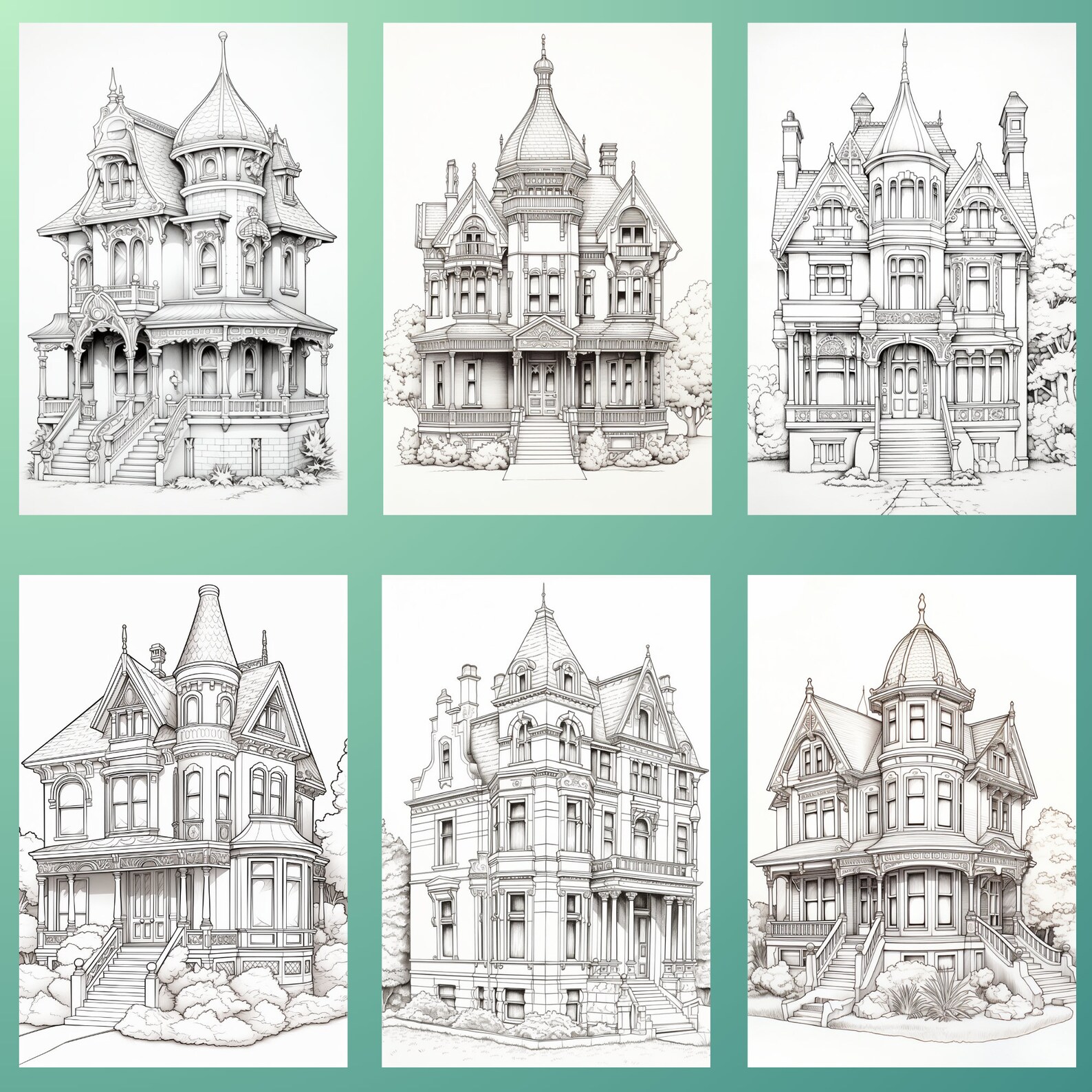 30 Victorian House, Coloring Grayscale Pages, Adult Mandala Coloring ...