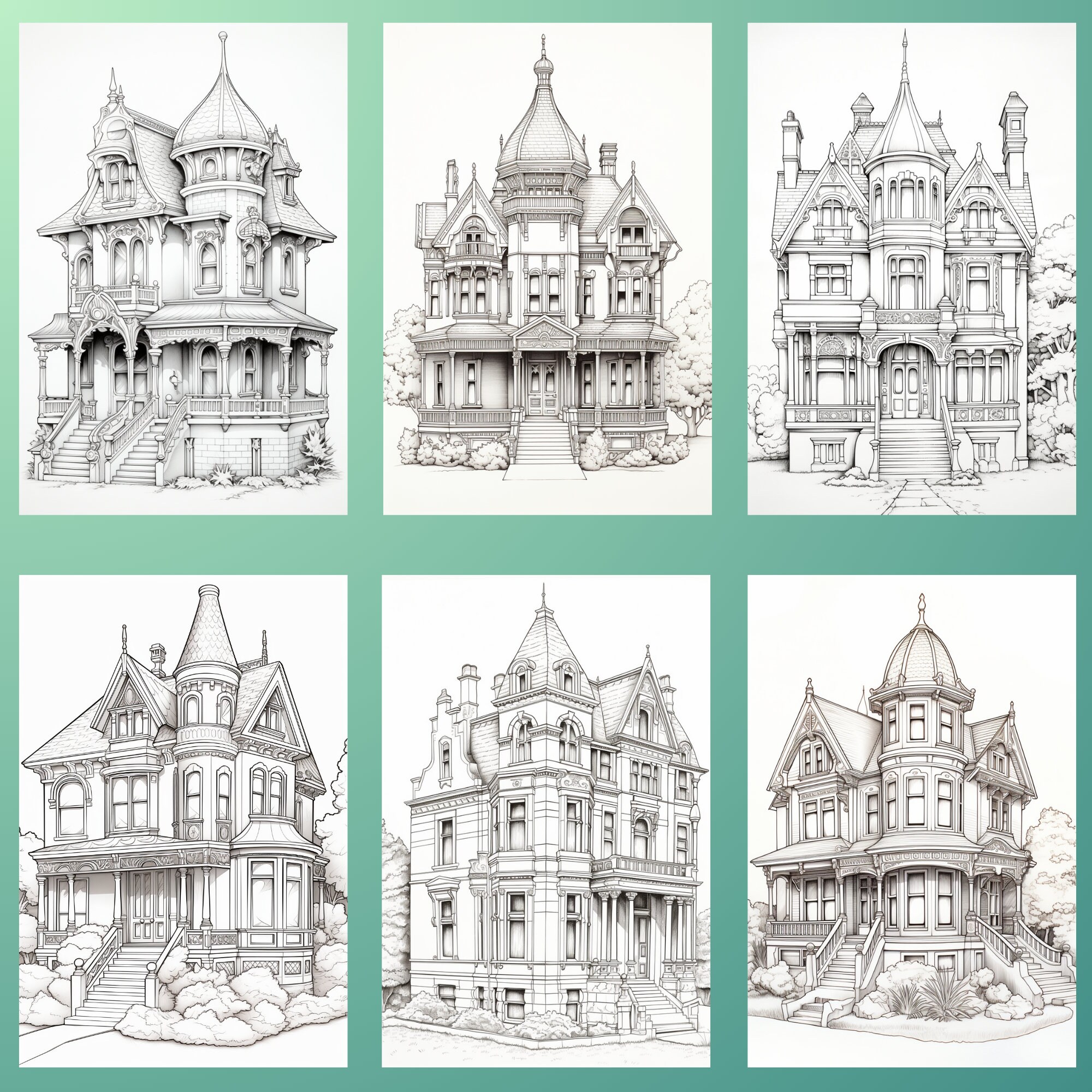 30 Victorian House, Coloring Grayscale Pages, Adult Mandala Coloring ...