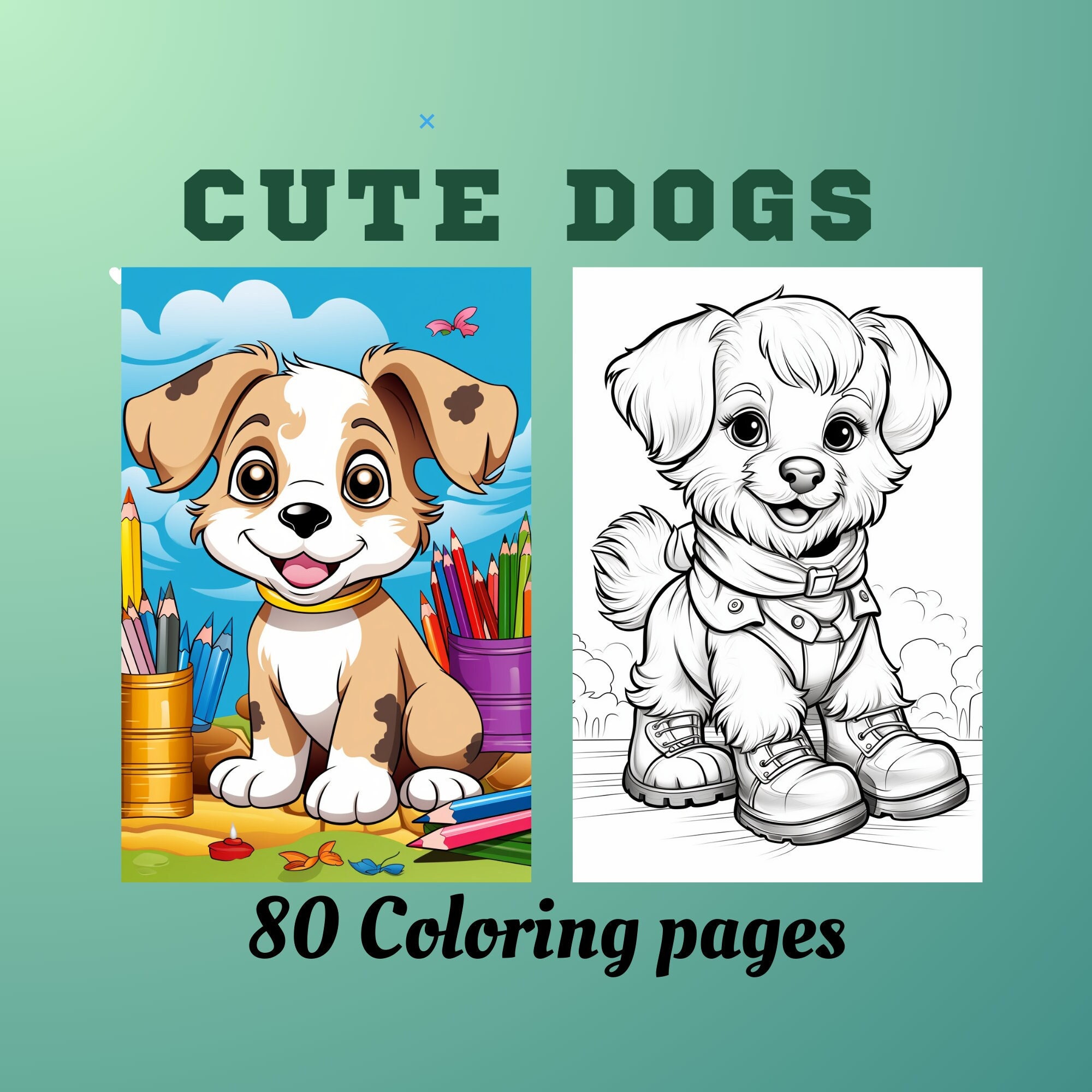 Cute Dogs 80 Coloring Pages, Coloring Pages for Kids, Digital Coloring ...
