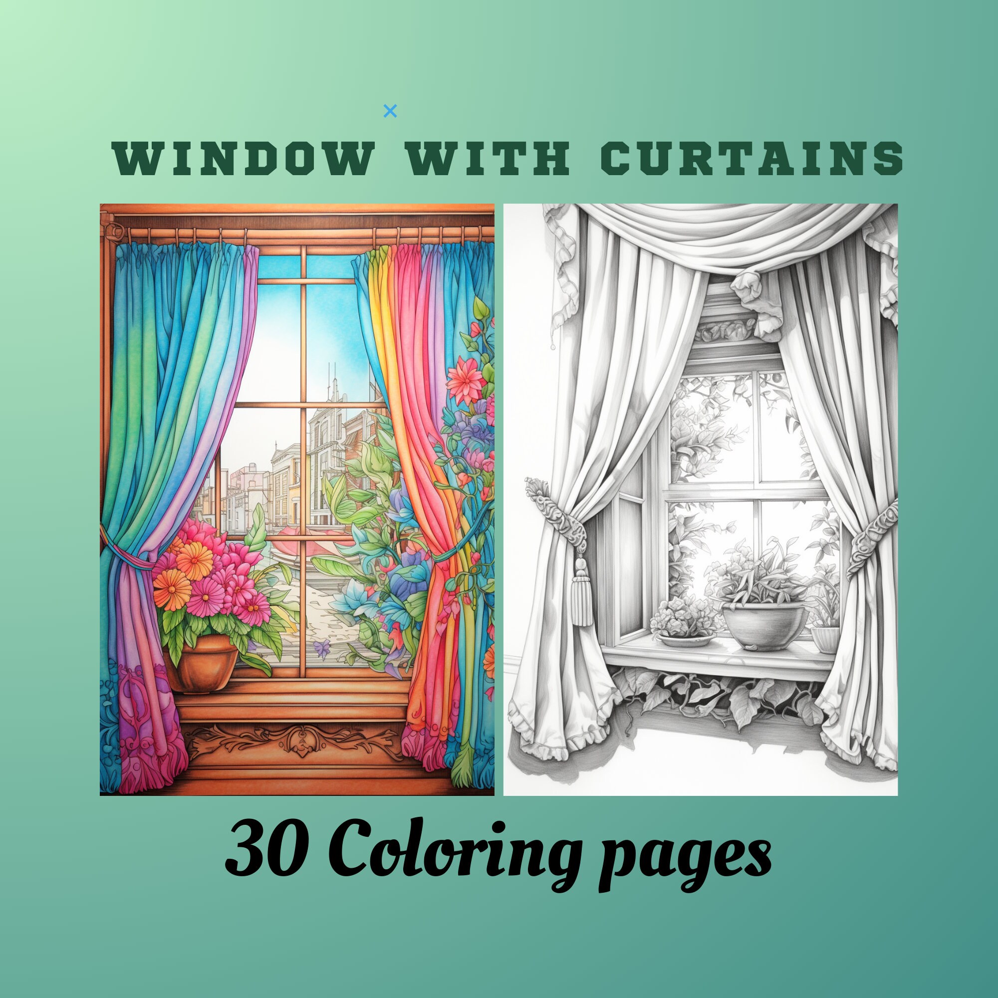 30 Window With Curtains, Coloring Grayscale Pages, Adult Coloring Pages ...