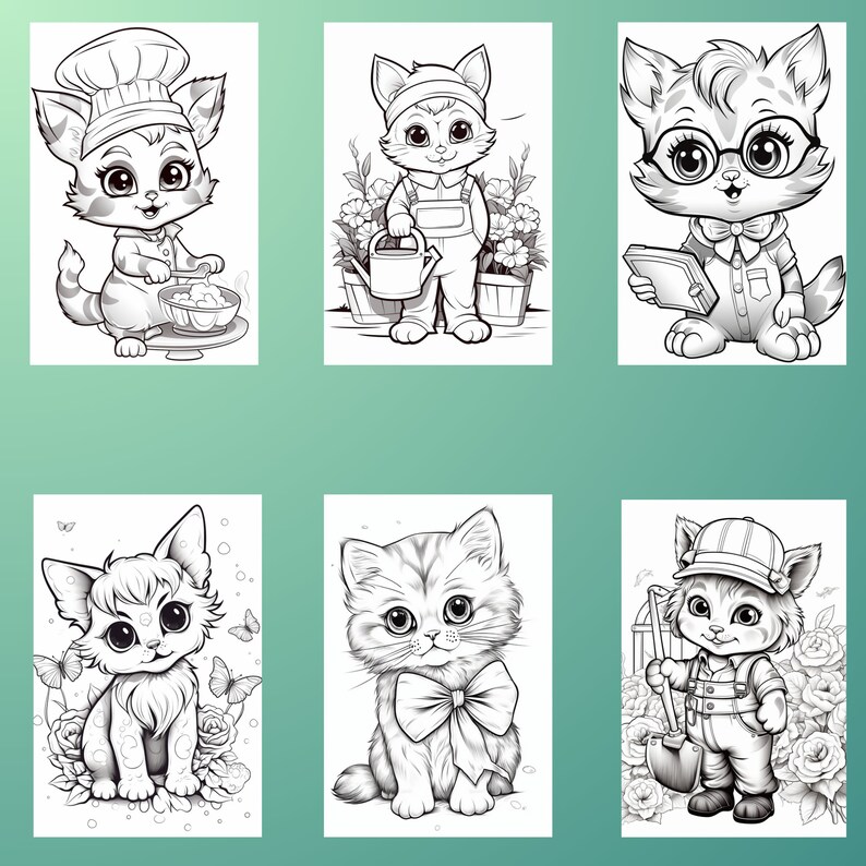 35 Cute Kittens, Coloring Pages for Kids, Digital Coloring Book, 35 ...
