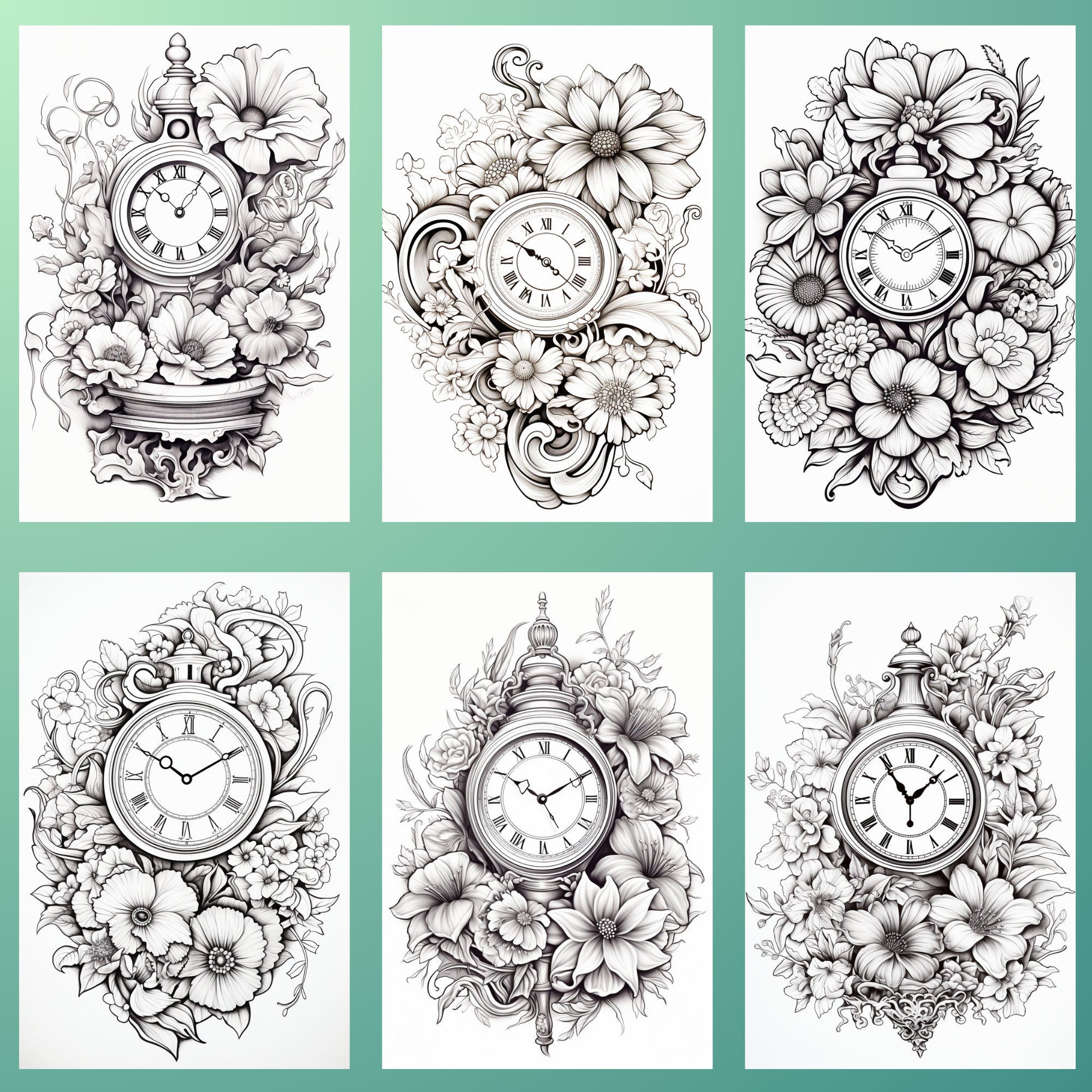 30 Vintage Clock and Flowers, Coloring Grayscale Pages, Coloring Pages ...