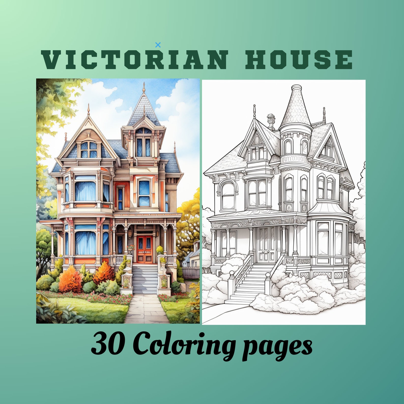 30 Victorian House, Coloring Grayscale Pages, Adult Mandala Coloring ...