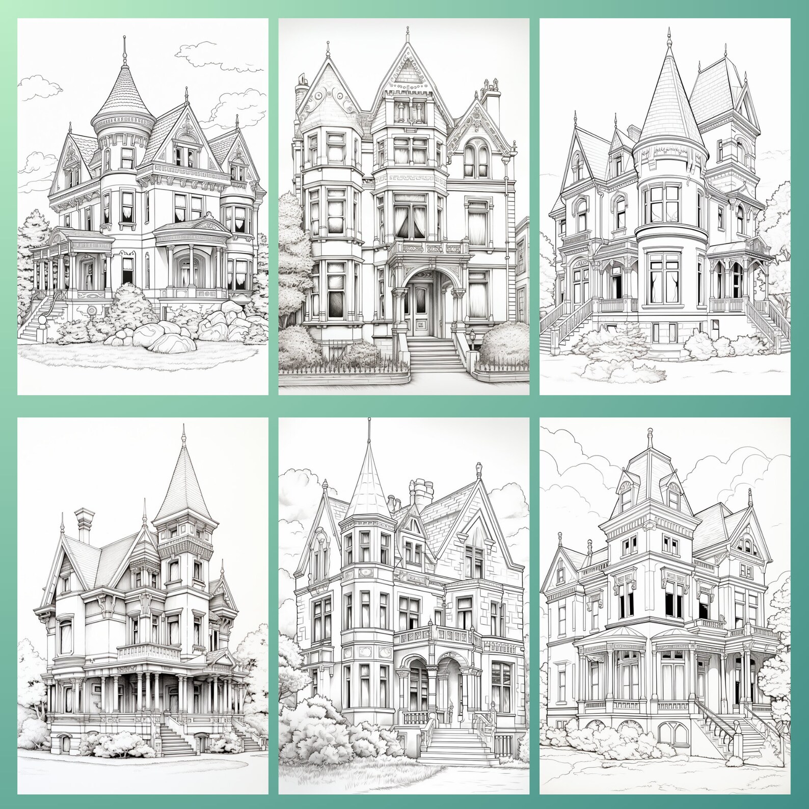30 Victorian House, Coloring Grayscale Pages, Adult Mandala Coloring ...