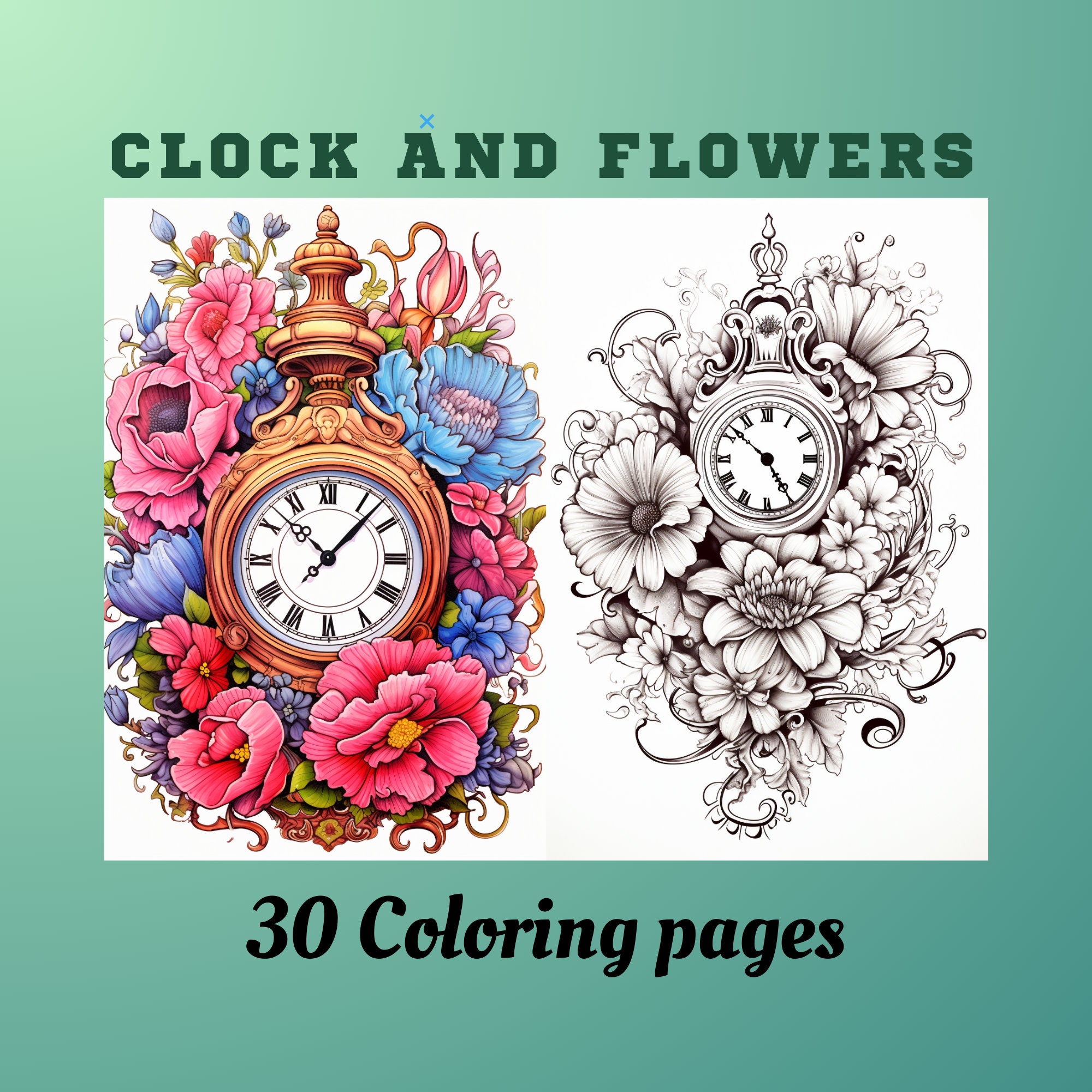 30 Vintage Clock and Flowers, Coloring Grayscale Pages, Coloring Pages ...