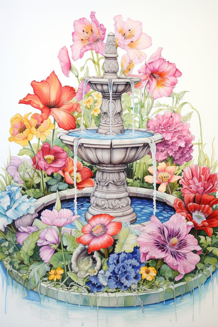 30 Floral Fountains, Coloring Grayscale Pages, Coloring Pages for ...