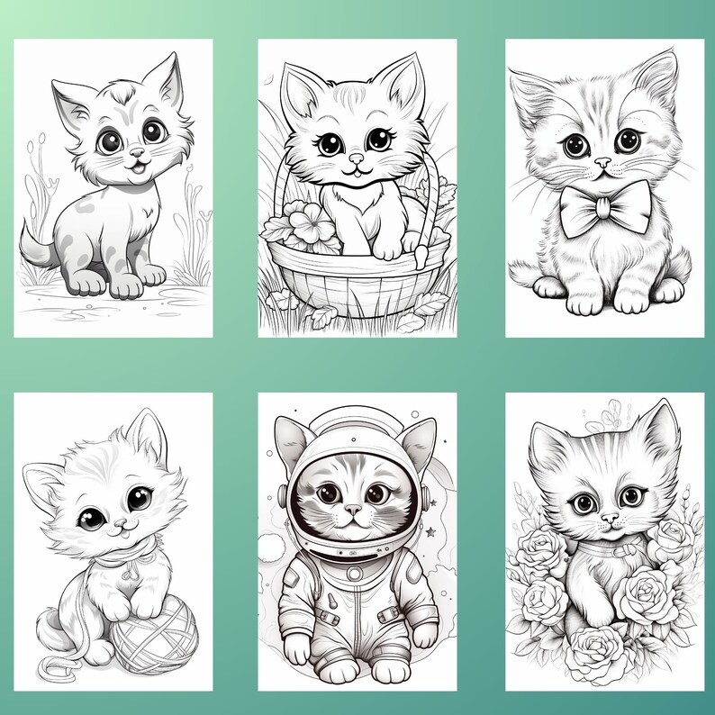 35 Cute Kittens, Coloring Pages for Kids, Digital Coloring Book, 35 ...