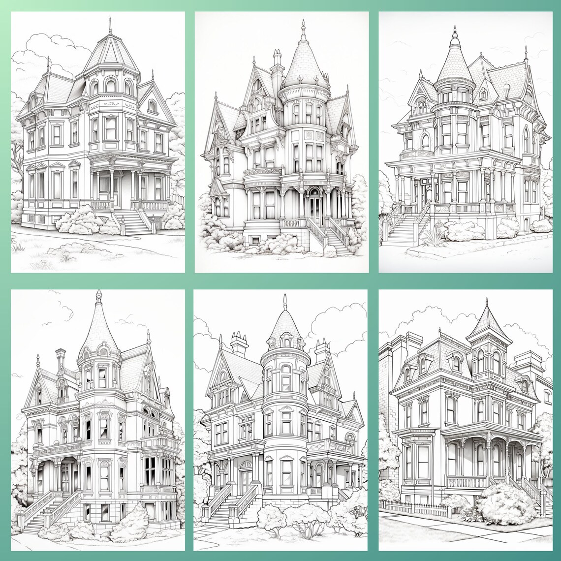 30 Victorian House, Coloring Grayscale Pages, Adult Mandala Coloring ...