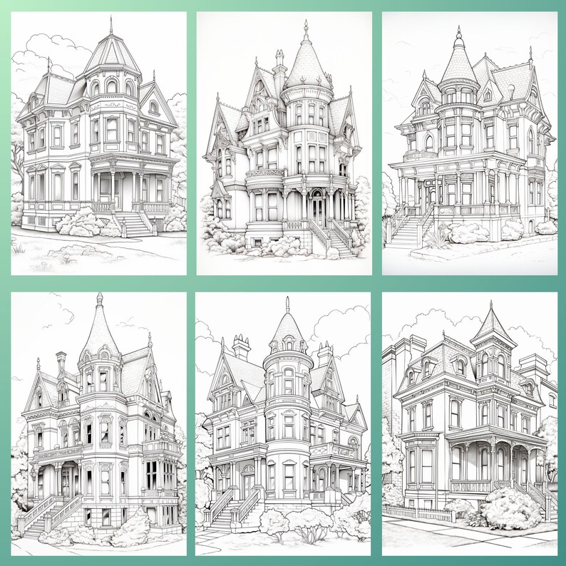 30 Victorian House, Coloring Grayscale Pages, Adult Mandala Coloring ...