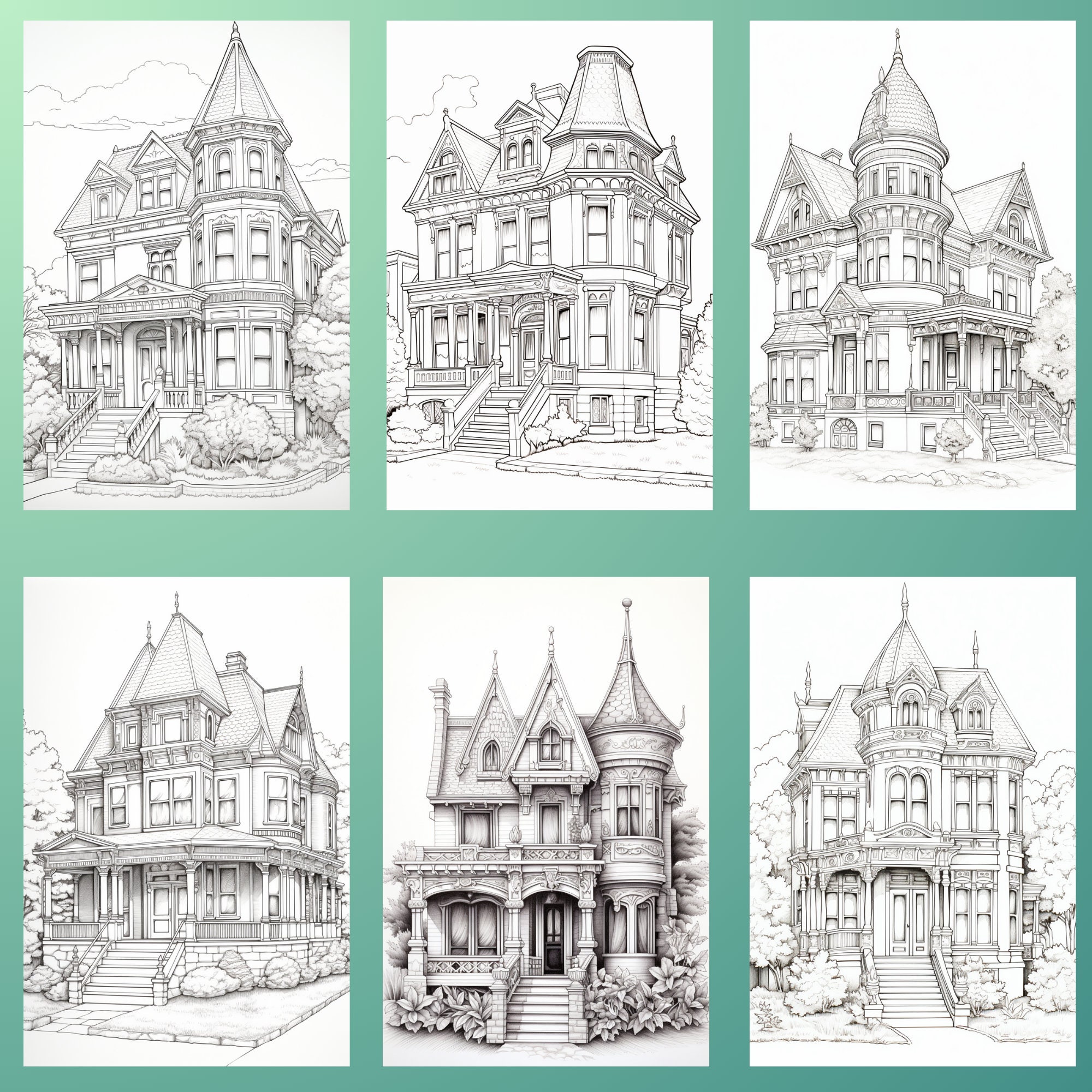 30 Victorian House, Coloring Grayscale Pages, Adult Mandala Coloring ...