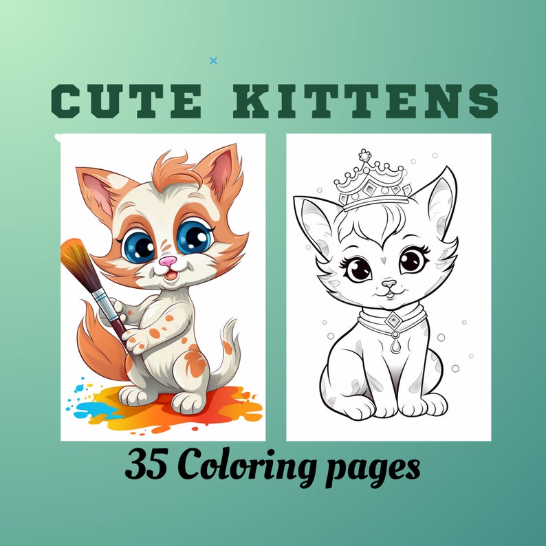 35 Cute Kittens, Coloring Pages for Kids, Digital Coloring Book, 35 ...