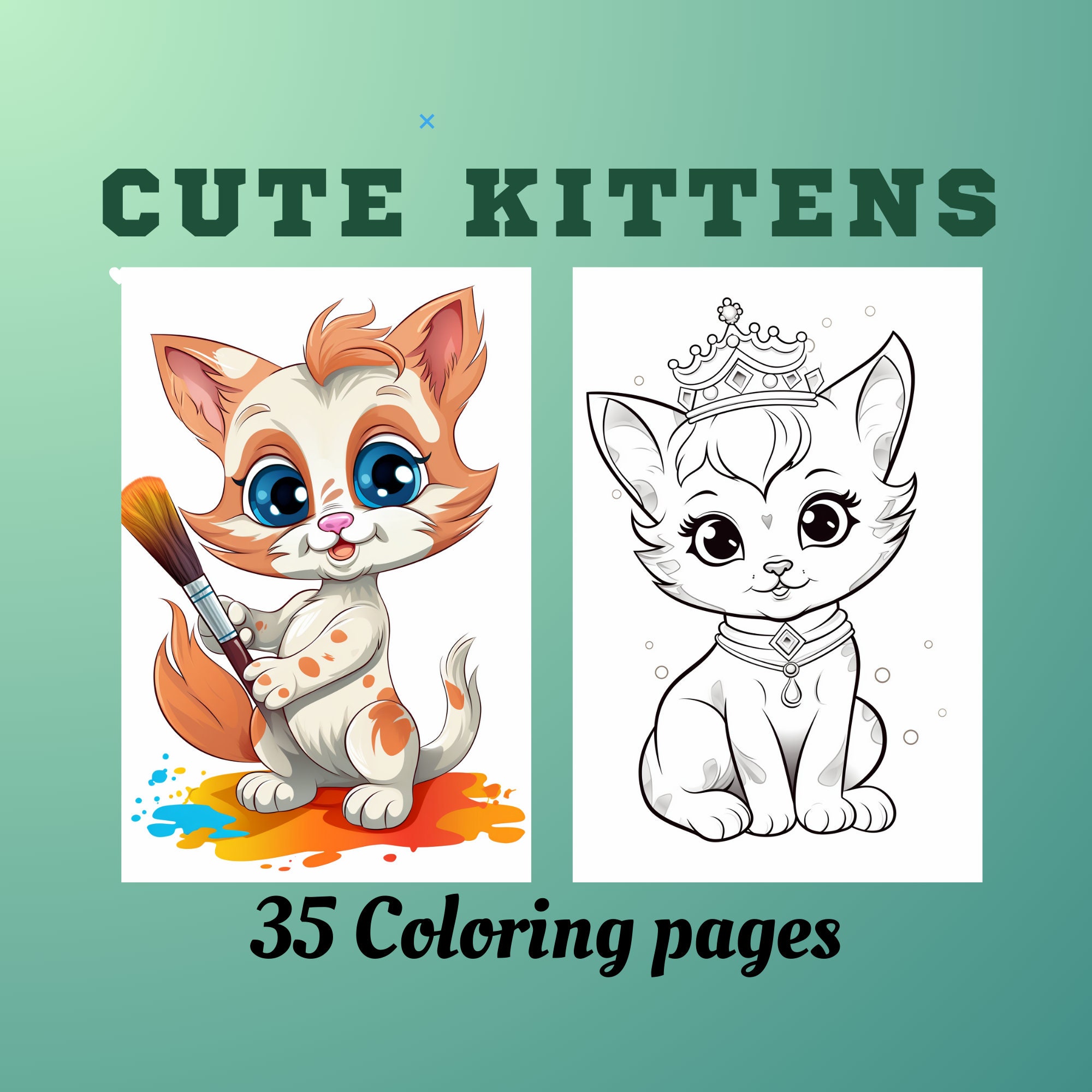 35 Cute Kittens, Coloring Pages for Kids, Digital Coloring Book, 35 ...