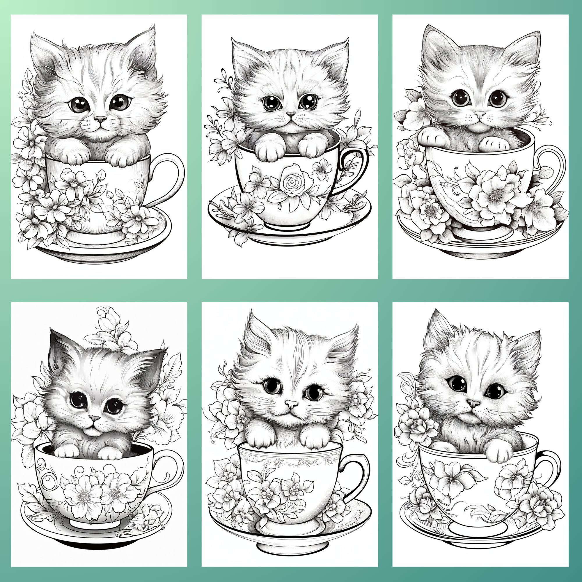 30 Cute Kittens in Cup, Coloring Pages, Adult and Kids Coloring Pages ...