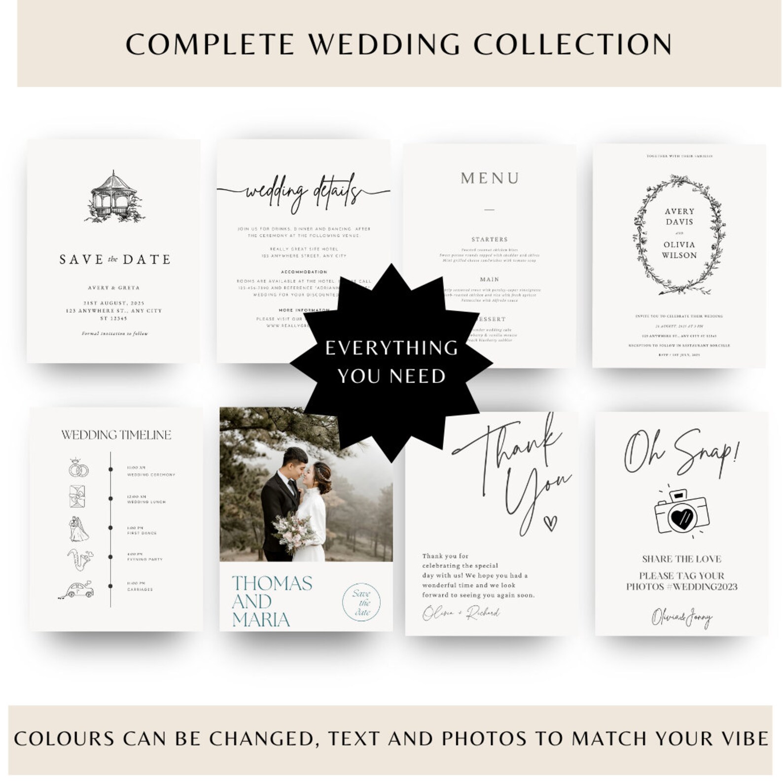 Wedding COMPLETE PACK Invitation Template, Beige Wedding Invite, Clean ...