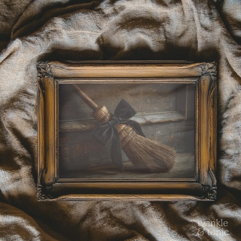 Rustic Witch Broom Art, Moody Halloween Poster, Antique Autumn Painting ...