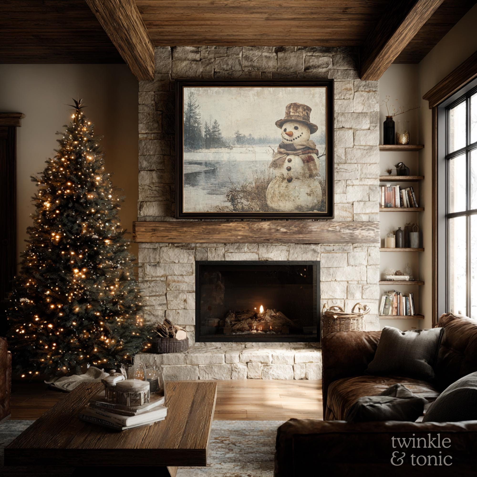 Vintage Snowman Painting, Rustic Holiday Wall Art, Farmhouse Print ...