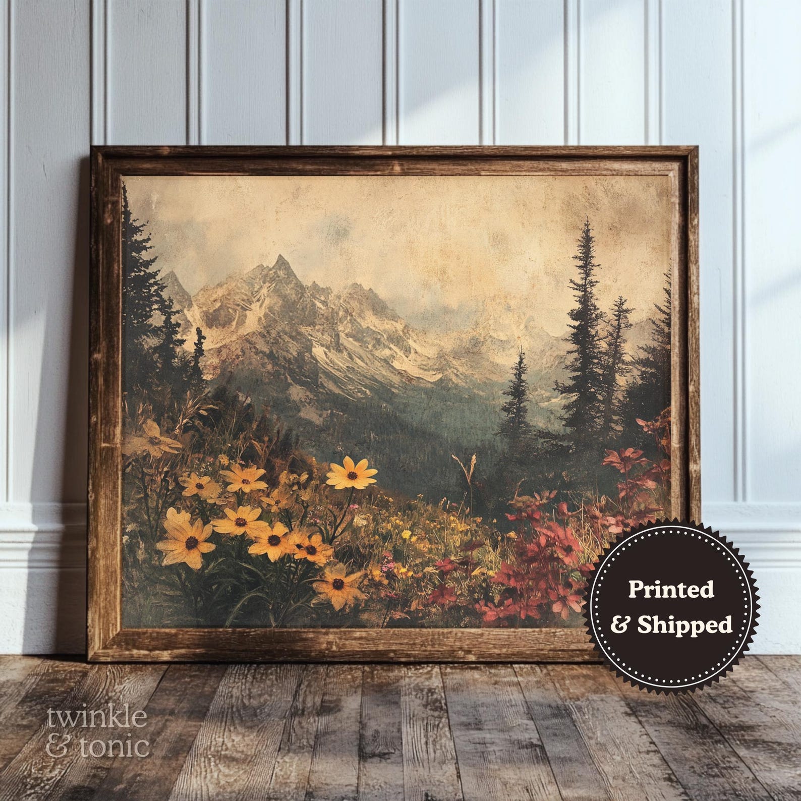 Vintage Wildflowers Print, Landscape Mountain Painting, Rustic ...