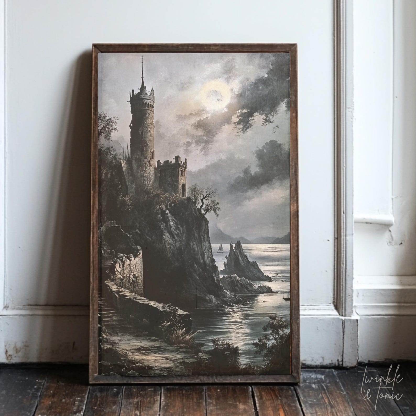 Vintage Castle Seaside Painting, Medieval Wall Art, Dark Academia Print ...