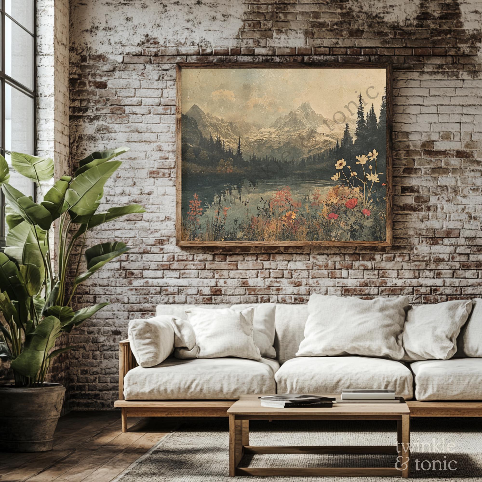 Vintage Wildflowers Print, Mountain Landscape Painting, Rustic ...
