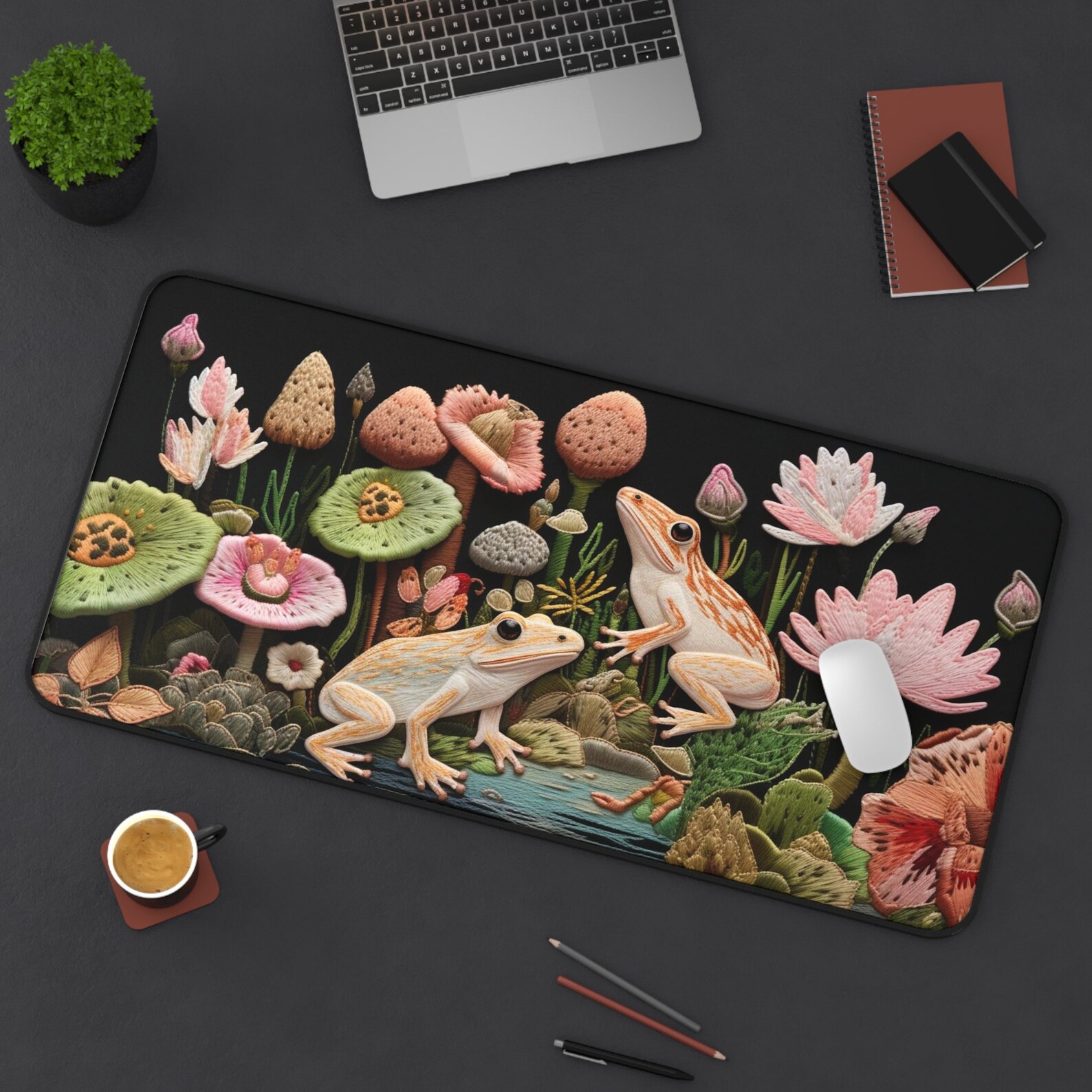 Cute Frog Desk Mat, Large Pastel Mouse Pad, 3D Desk Mat Floral, Nature ...