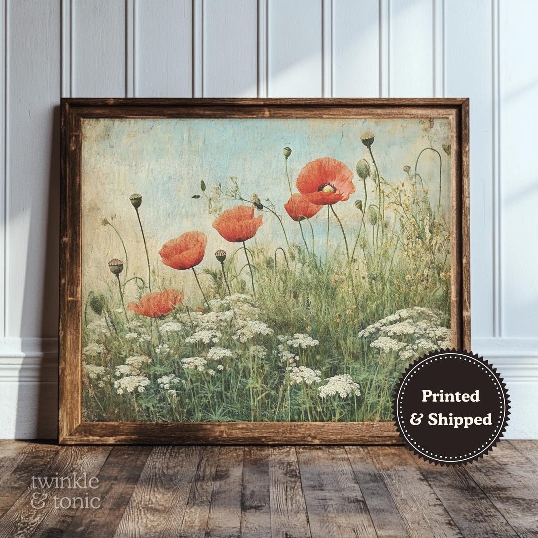 Vintage Poppies Poster, Rustic Red Floral Art, Light Cottagecore ...