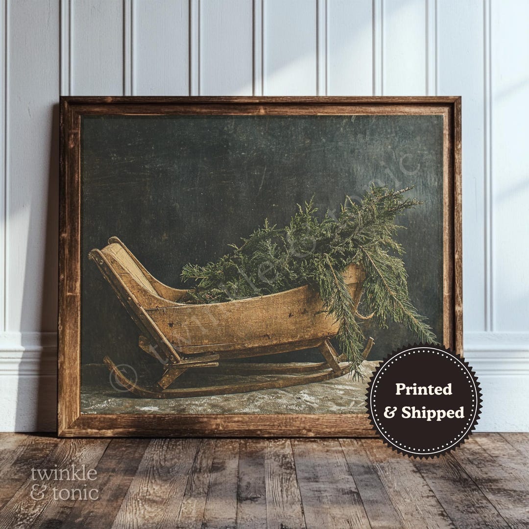 Christmas Sled Painting, Rustic Farmhouse Wall Art, Moody Holiday Print ...