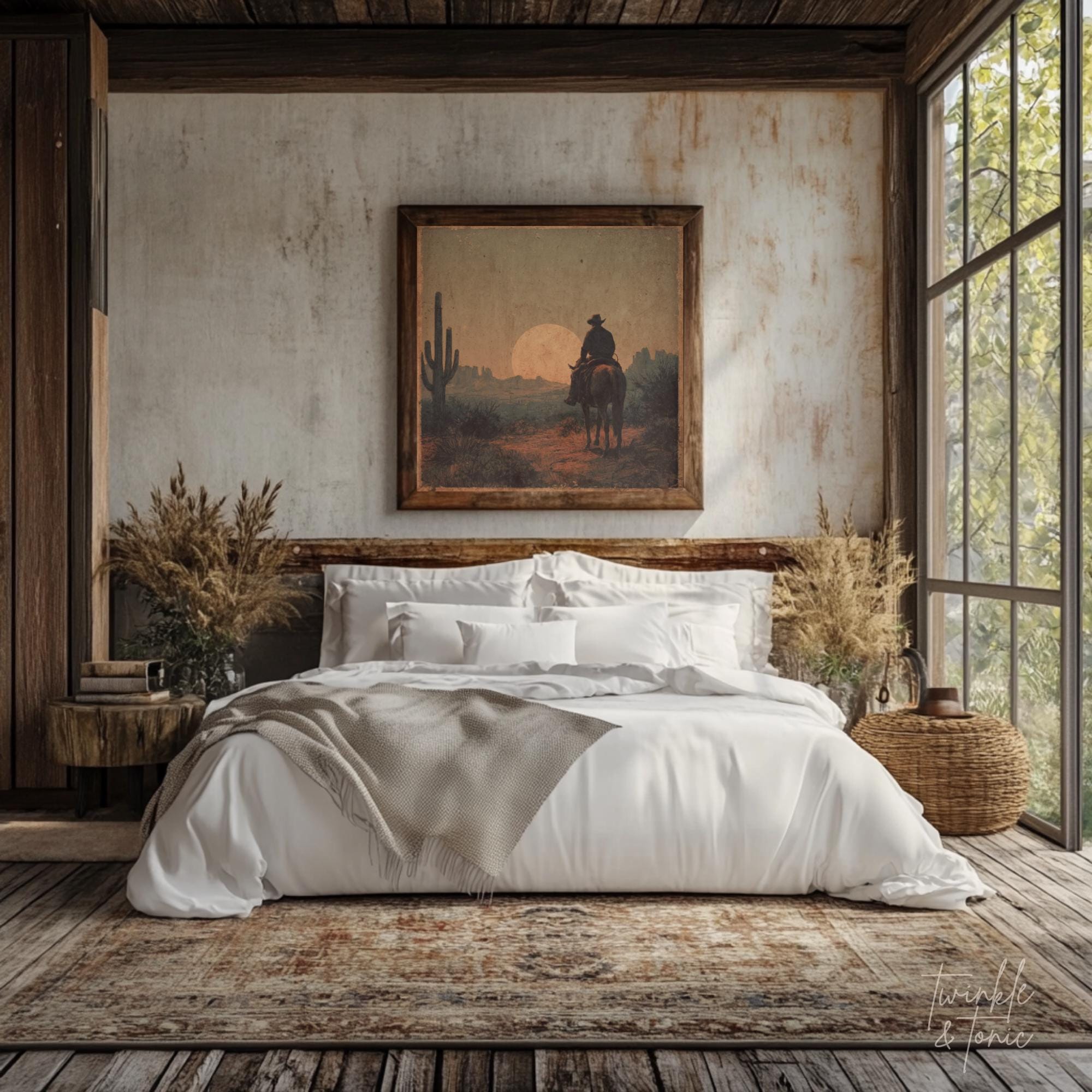Vintage Cowboy Wall Art, Western Ranch Print, Antique Desert Painting ...