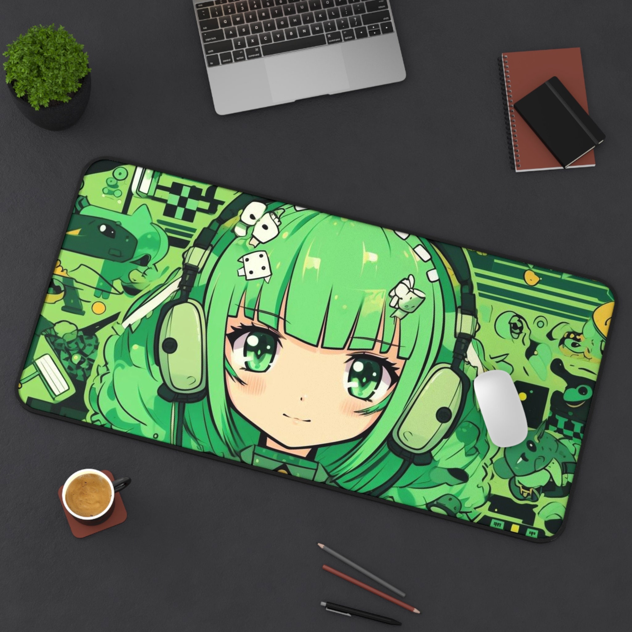 Green Japanese Anime Gamer Girl Desk Mat, Aesthetic Anime Mat, Large ...