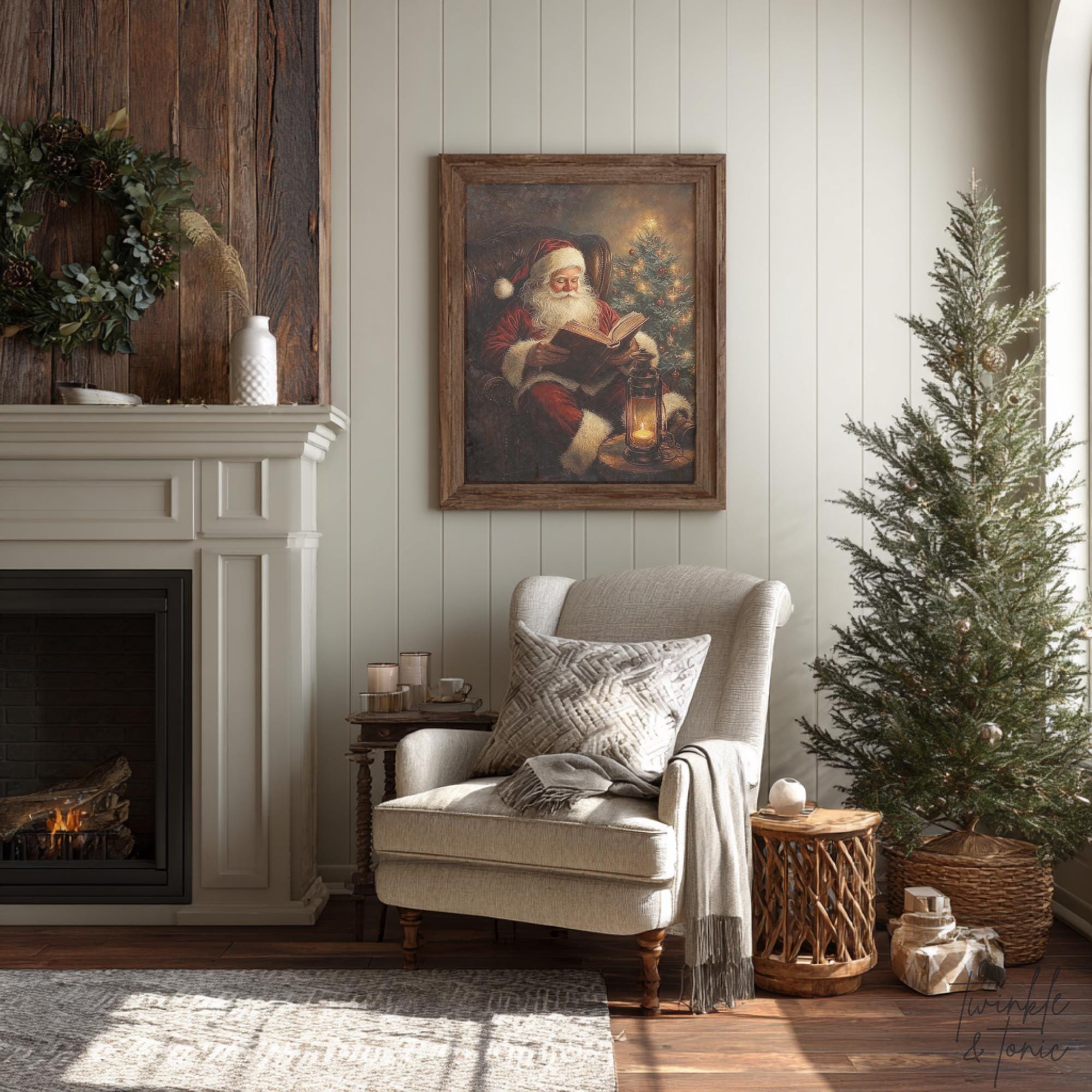 Vintage Santa Claus Wall Print, Santa Reading Book, Cozy Christmas ...