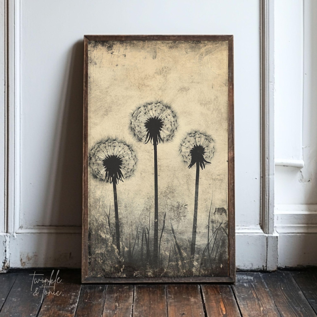 Vintage Dandelion Poster, Rustic Wildflower Art, Dark Academia Painting ...