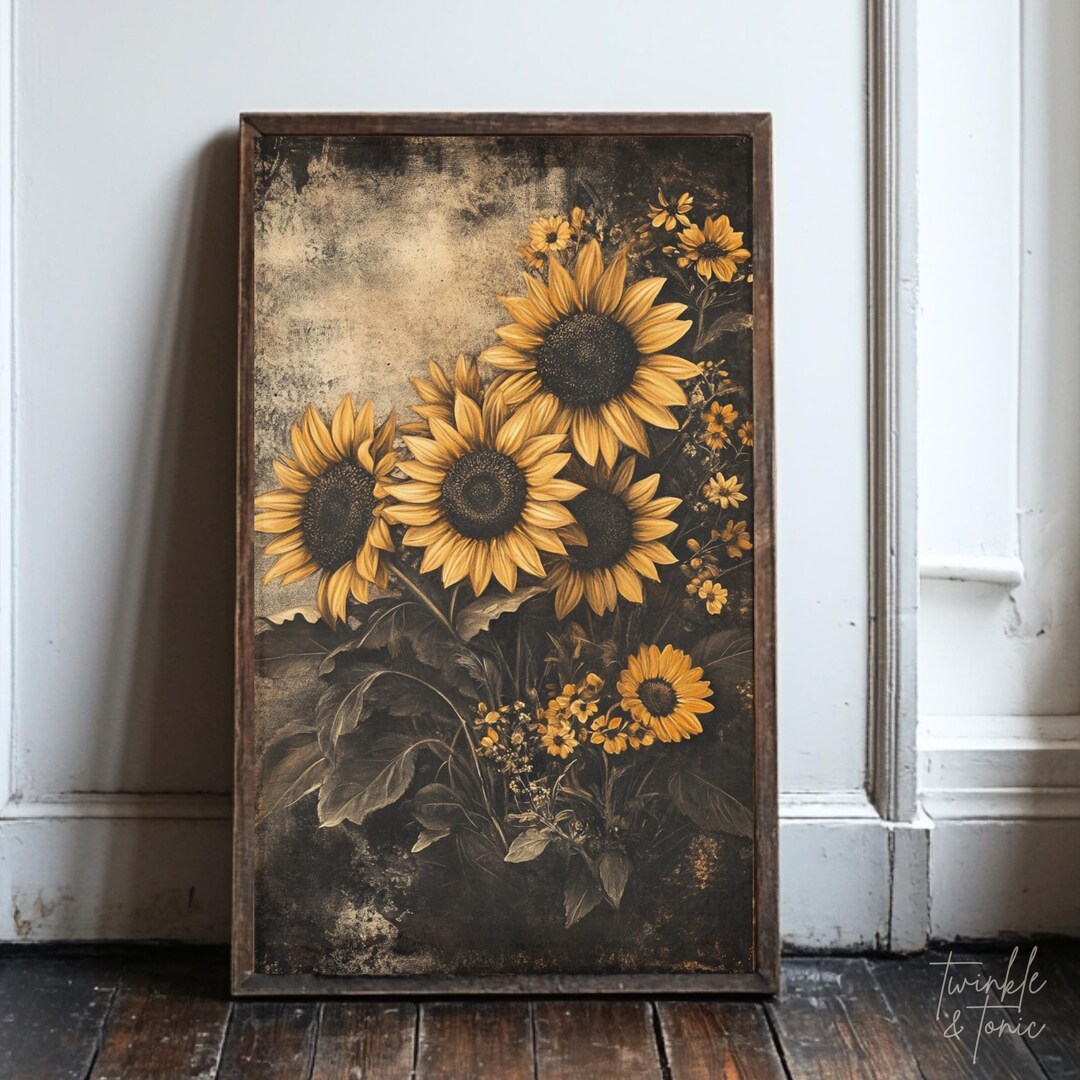 Vintage Sunflowers Wall Art, Flower Dark Academia Home Decor, Moody ...
